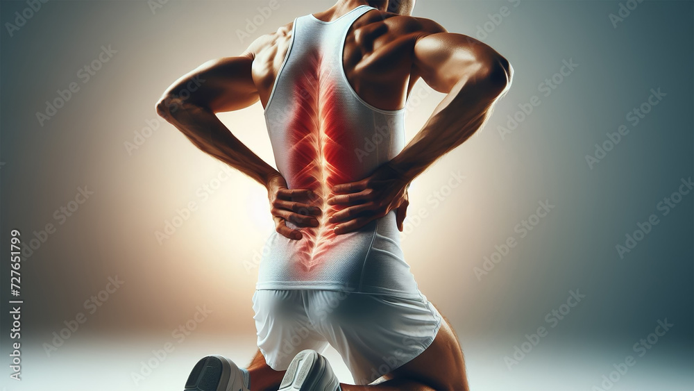 back ache lower back. A man dressed for exercise sits on ground uses ...