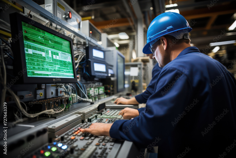 Engineer in a hard hat and safety glasses operating a complex control ...