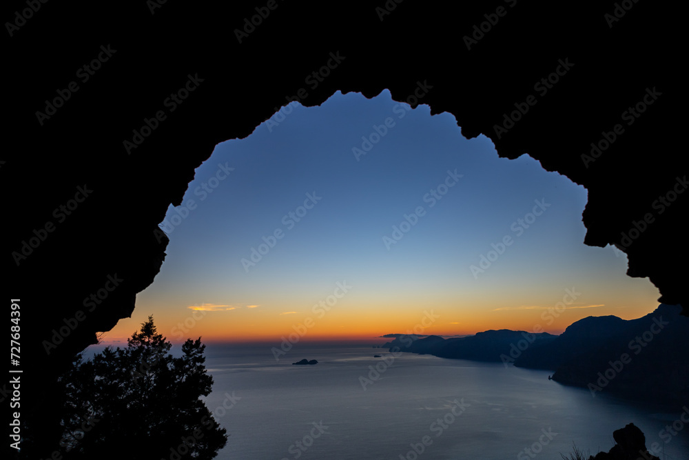 wonderful sunset from the Path of the Gods on the Amalfi Coast with a ...