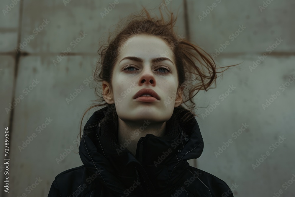 A woman's intense gaze pierces the cold air, her fiery spirit undimmed ...