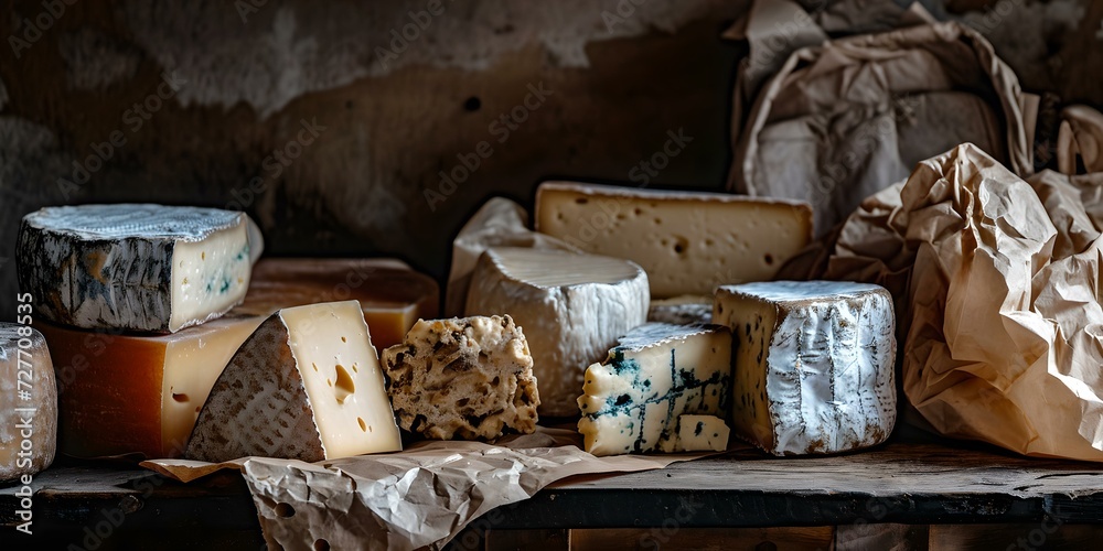 Assorted artisinal cheeses on a rustic wooden shelf. gourmet food still ...