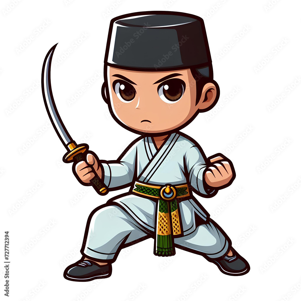 pencak silat wearing hat and hold a sword in cartoon style on ...