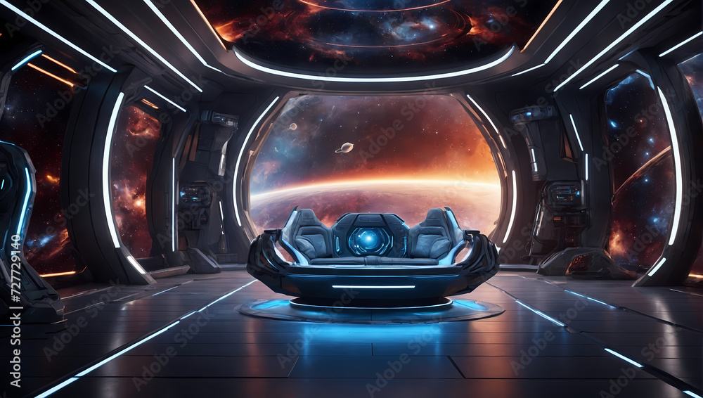 An empty room with a futuristic galactic theme, showcasing advanced ...
