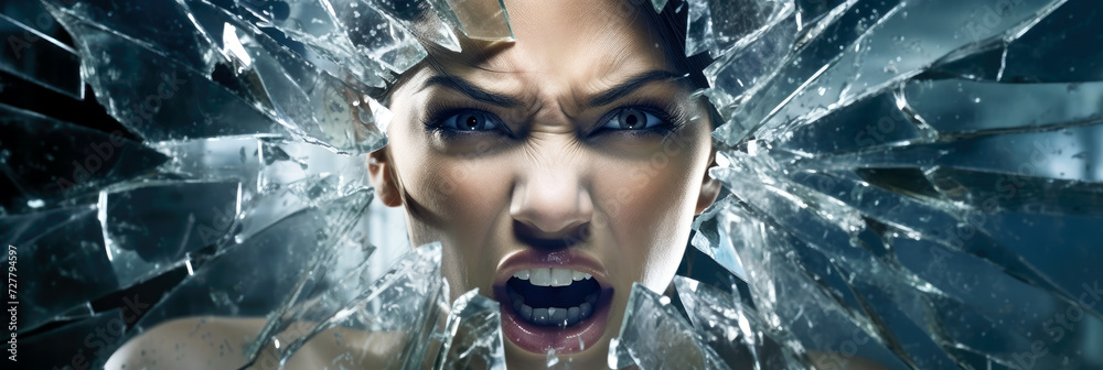 Depressed angry young woman stands behind broken glass. Sad woman ...