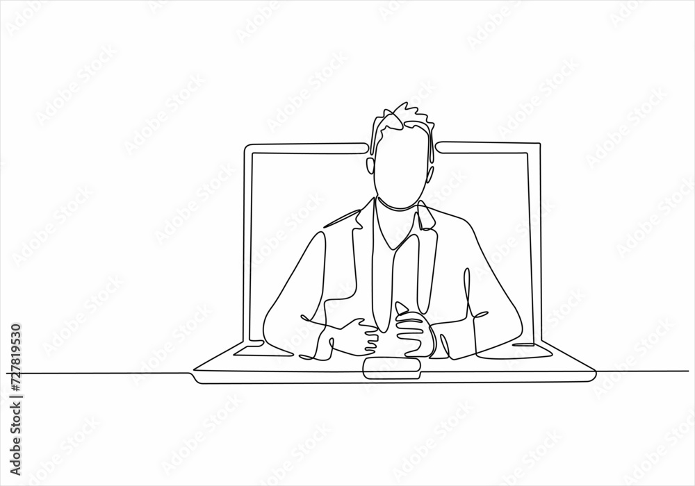 One single line image on the laptop shows a male lecturer teaching ...