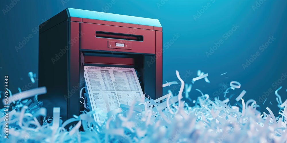 Stock-Foto „A red printer sitting on top of a pile of shredded paper ...