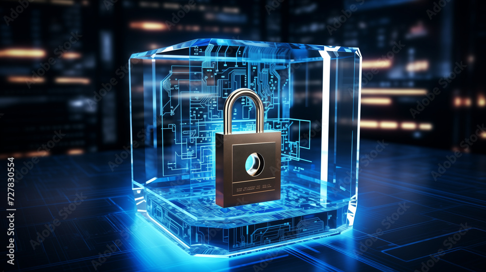 cyber security background, padlock over a computer circuit board cyber ...