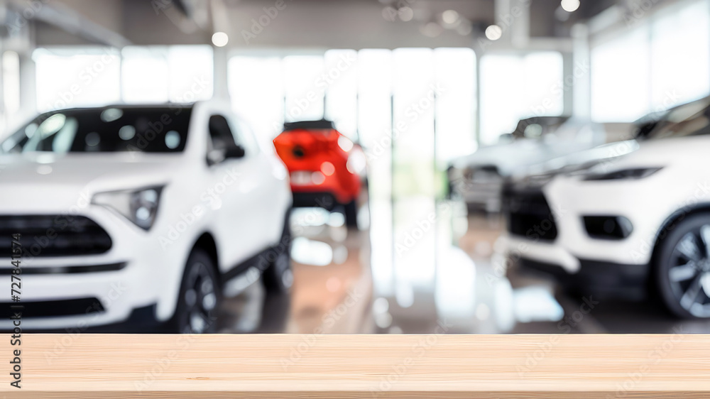 Empty wood table top with cars in showroom car dealership blurred ...