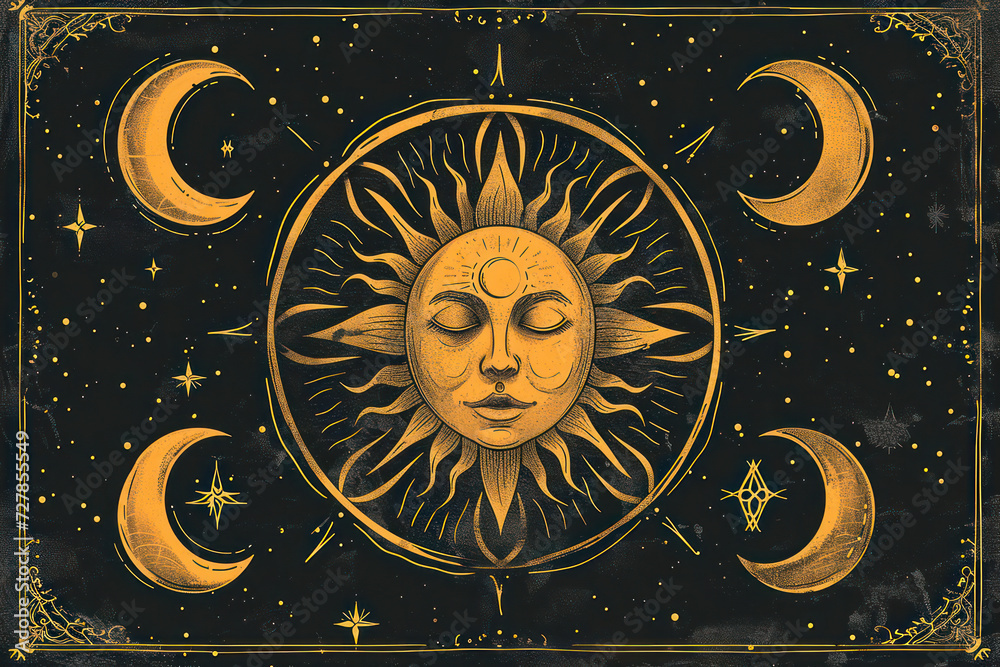 Mystic Celestial Astrology: Vintage Illustration of Esoteric Moon Face ...
