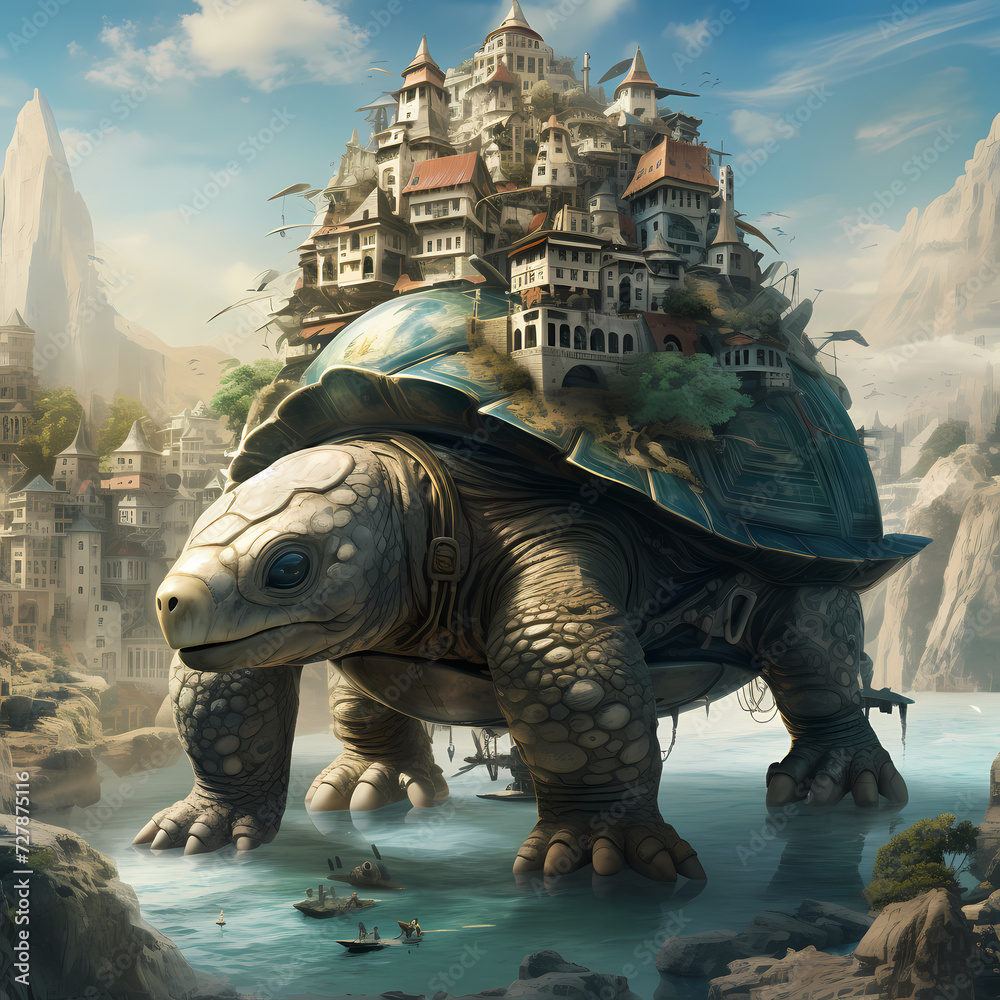 Fantasy city built on the back of a giant turtle Stock Illustration ...
