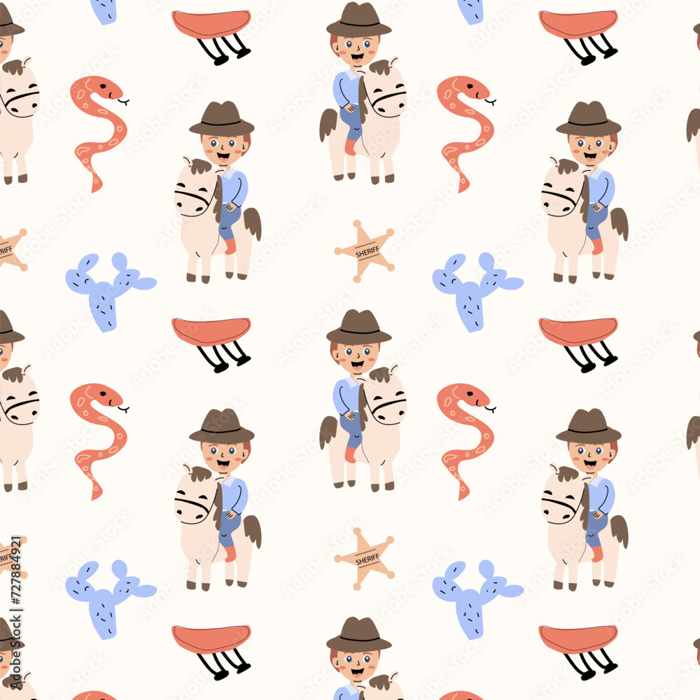 childish cowboy pattern with boy and horse, snake, sheriff star. Vector ...