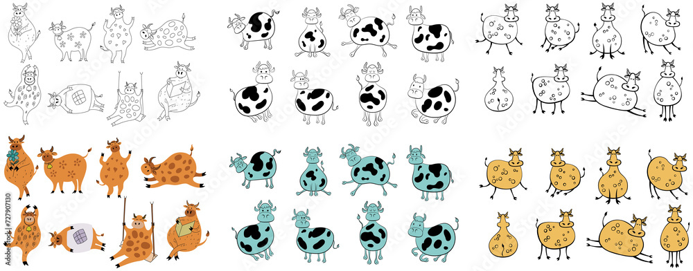 Set of cute doodle cartoon cows on white background. Animal ...