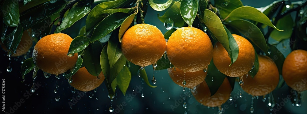 An inviting close-up perspective of oranges on the tree, highlighting ...