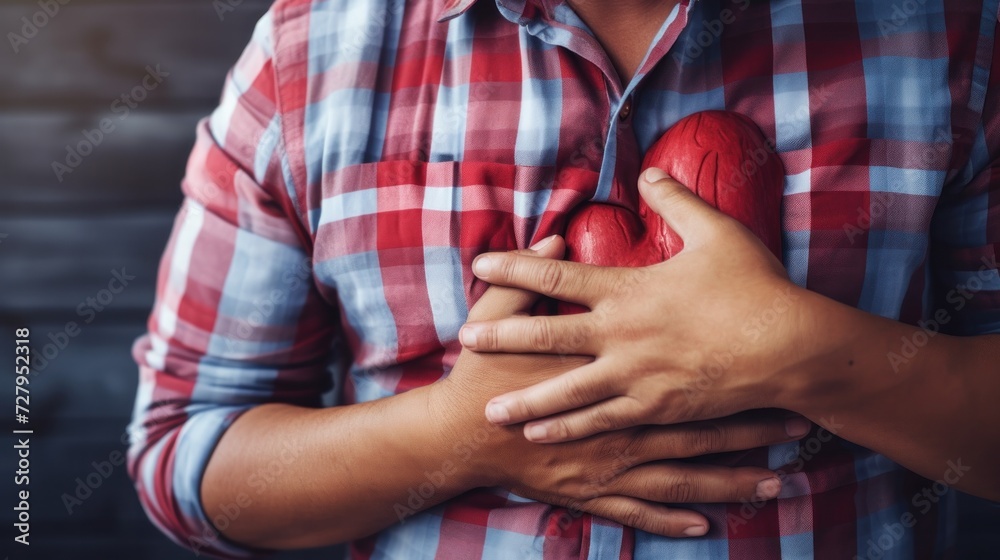 hand hold chest with heart attack symptoms, asian woman working hard ...
