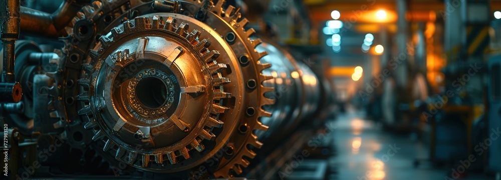 Heavy Machinery at Work Inside a Large Factory Illuminated by the Warm ...