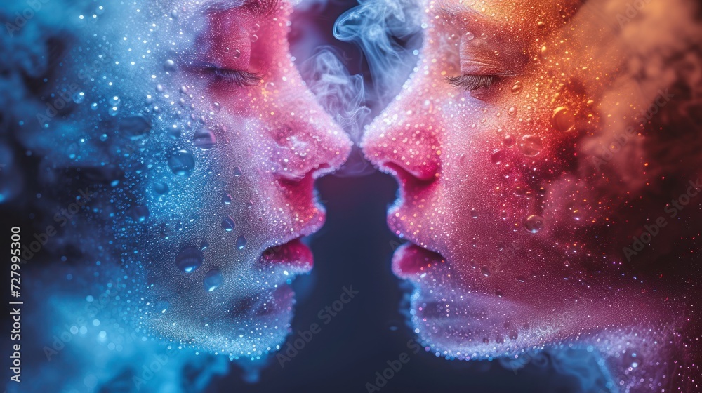 face to face with colored smoke coming out of their mouths and the ...