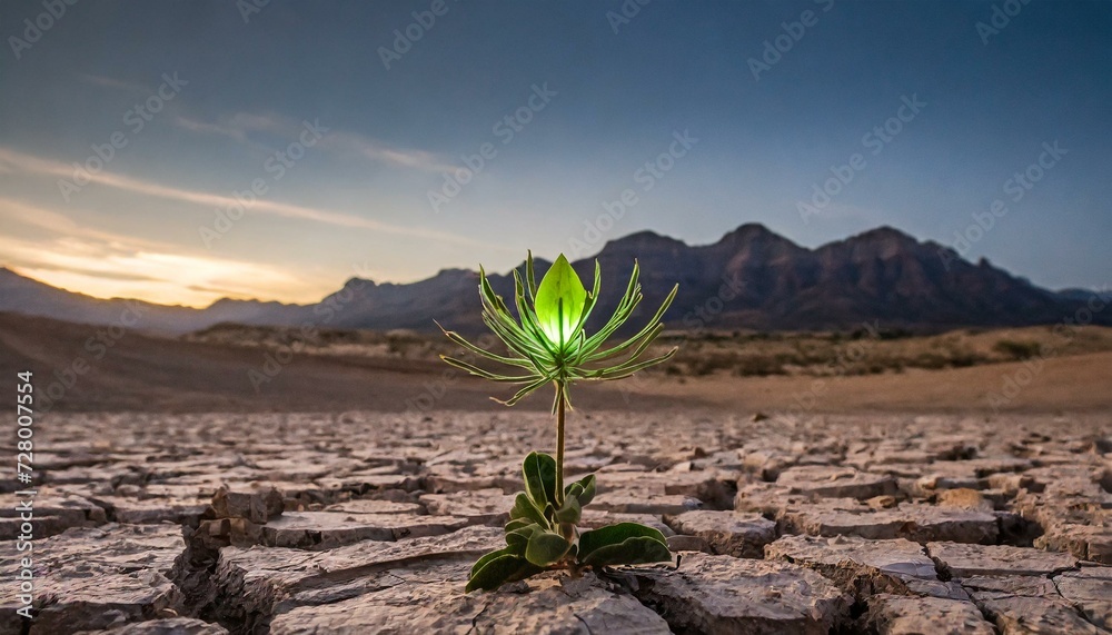 A glowing green seed rests peacefully among a baron sandy wasteland ...