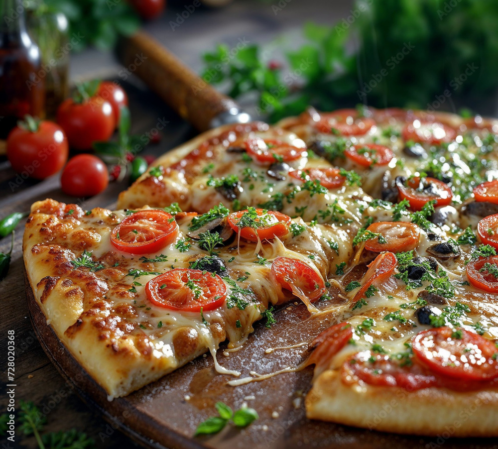 pizza toppings are served alongside a pizza slice, in the style of ...