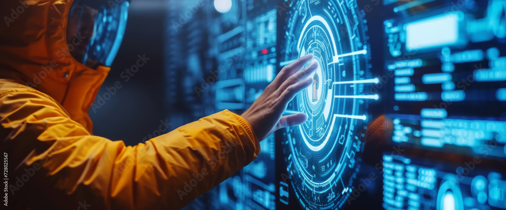 High-Tech Interactive Control Panel. Person engaging with a high-tech ...