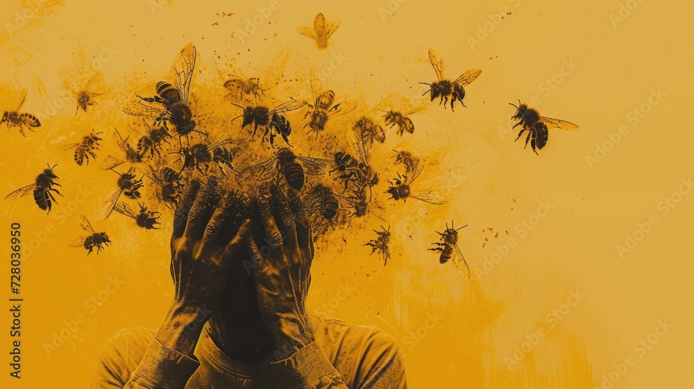 bees attack a person. a swarm of bees surrounded man's head. the man ...