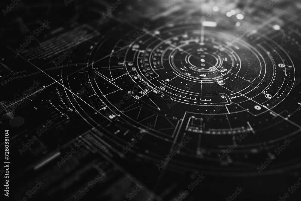Sci-fi blueprint grid depicted in black and white, featuring a front ...