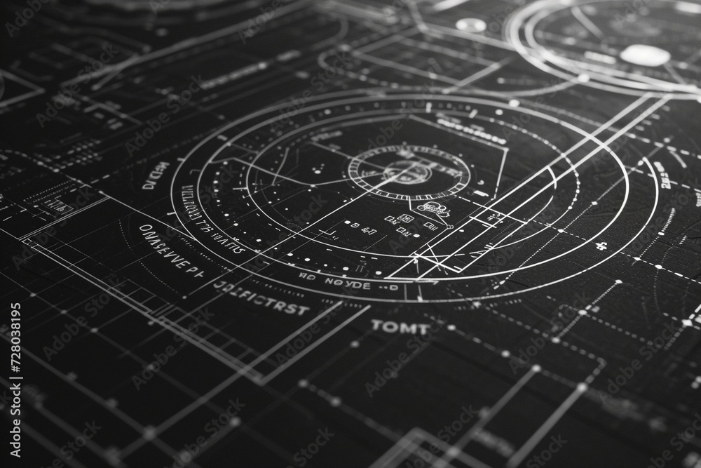 Front-facing flat image of a sci-fi blueprint grid, rendered in black ...
