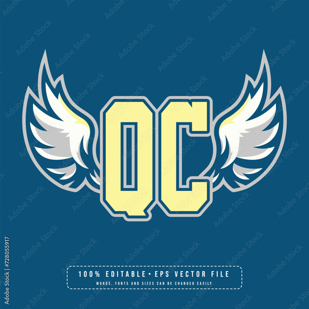 QC wings logo vector with editable text effect. Editable letter QC ...