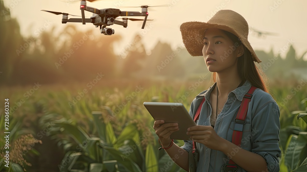 a female farmer holding a tablet device, utilizing AI technology to control agriculture drones ...