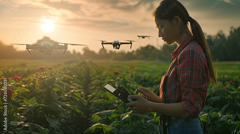 a female farmer holding a tablet device, utilizing AI technology to control agriculture drones ...
