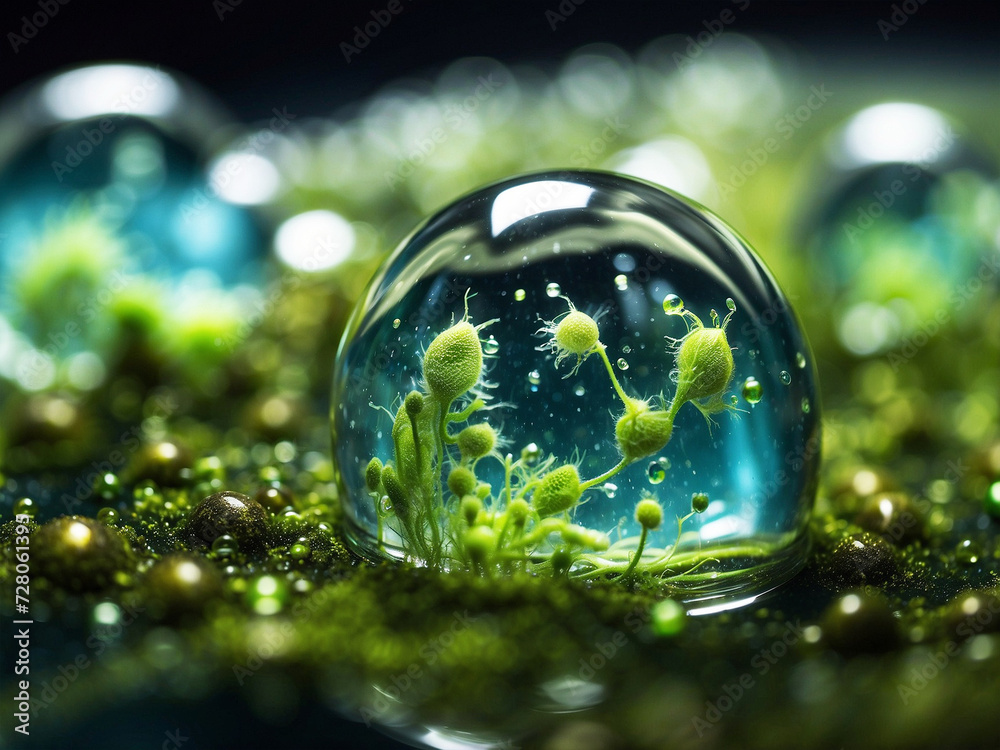 Algae or plankton, in a water droplet under the microscope, showcasing ...