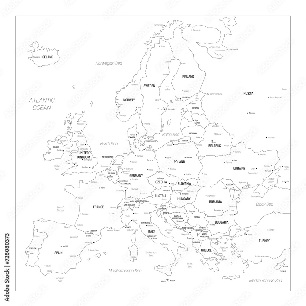 Political map of Europe. Blue colored vector map with capital and ...