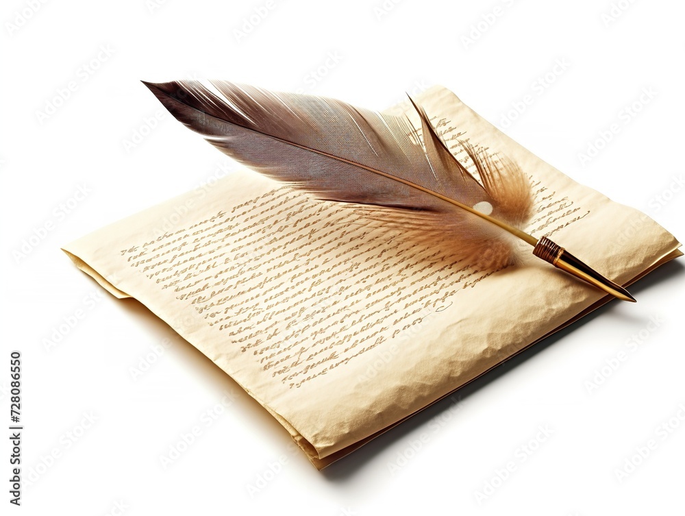 Quill Pen over Ancient Scroll History and Wisdom Isolated on White ...