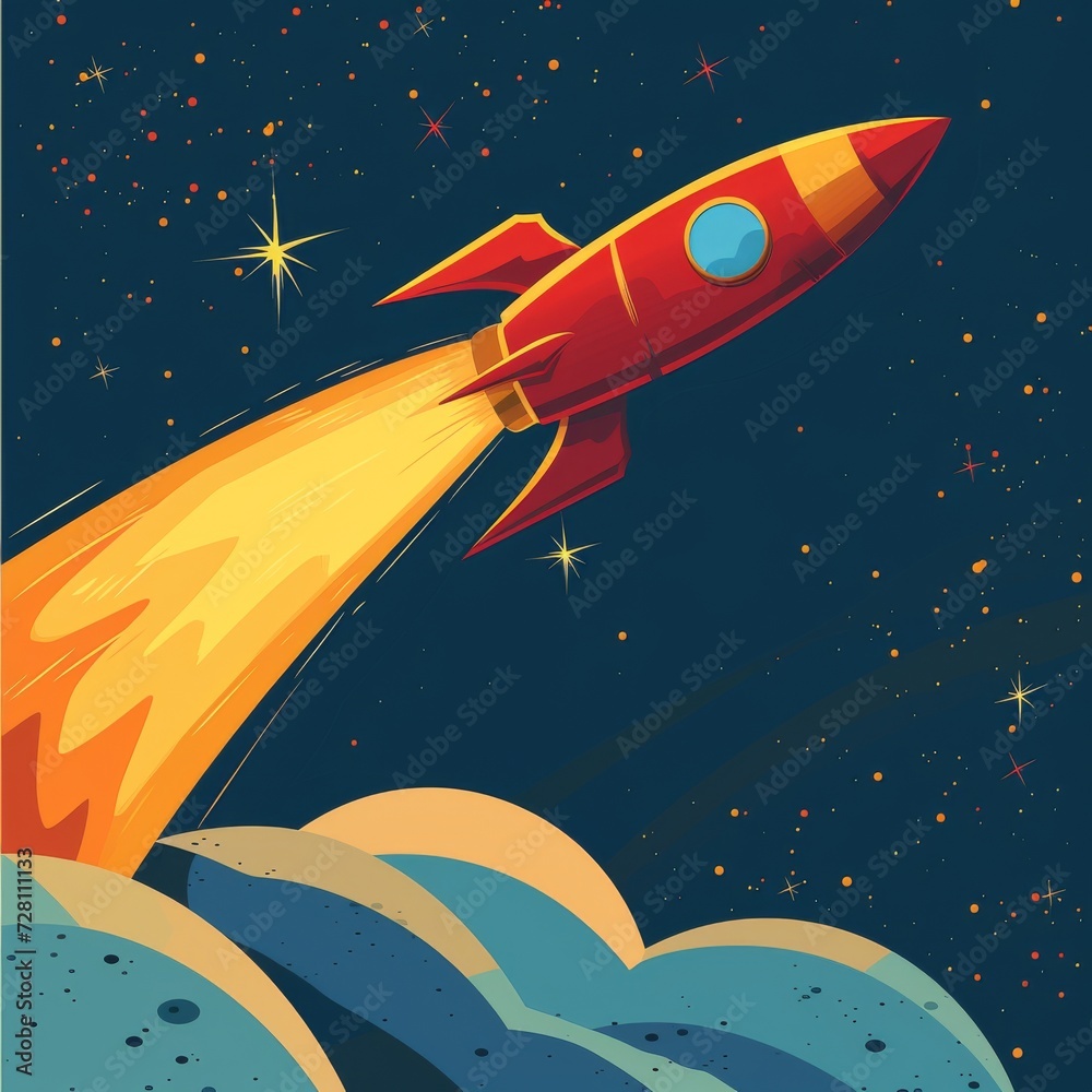 An animated illustration captures the thrilling launch of a rocket ...