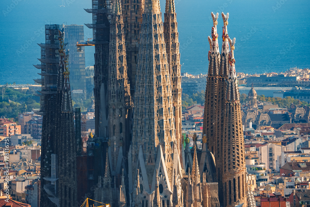 Closeup of Sagrada Familia's spires in Barcelona, showcasing Gaudi's ...