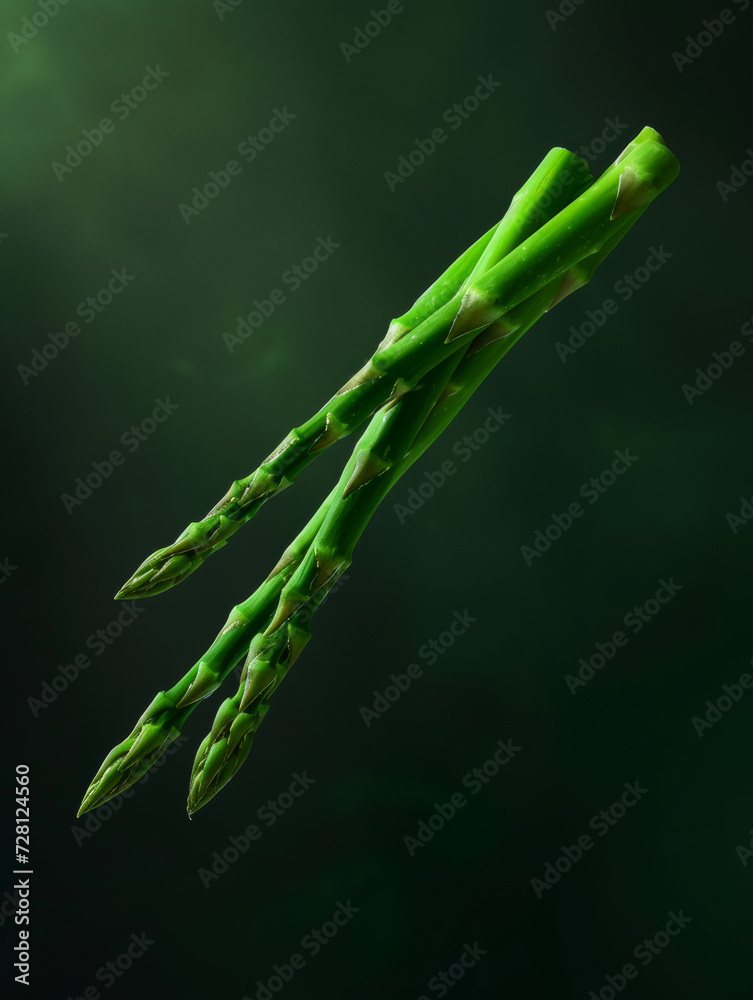 Asparagus floating in mid-air against a vertical deep green gradient ...