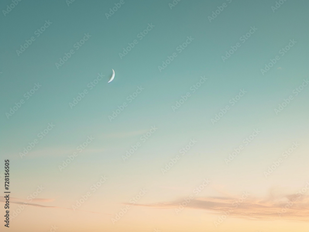 minimal scenic view of sunset sky with moon, ivory/blue color palette ...