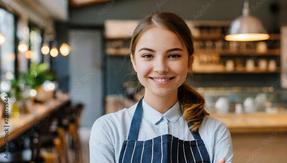 Coffee shop, cafeteria, a portrait of woman in cafe for service ...