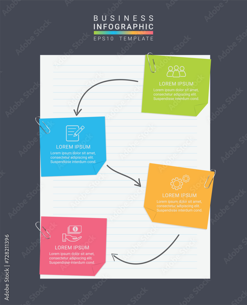 Business infographic 4 steps to success concept of stick note paper ...
