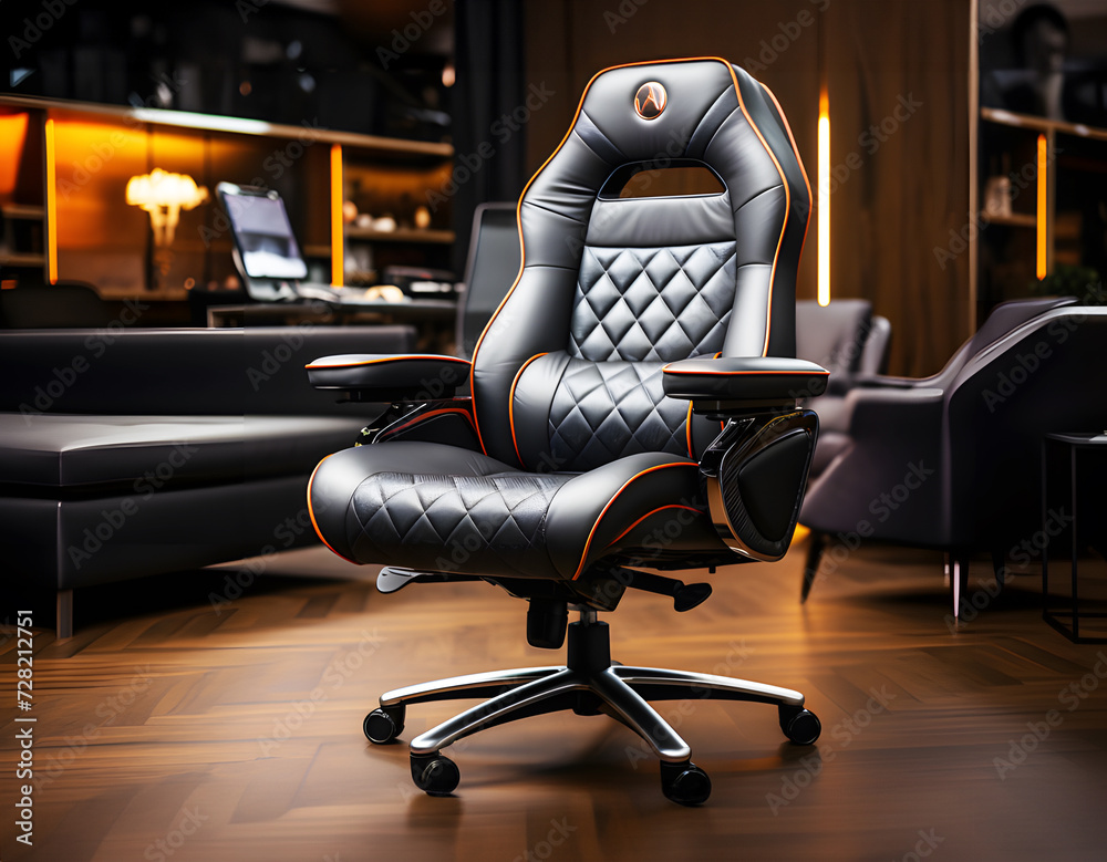 Empty office chair from black leather on meeting room background ...