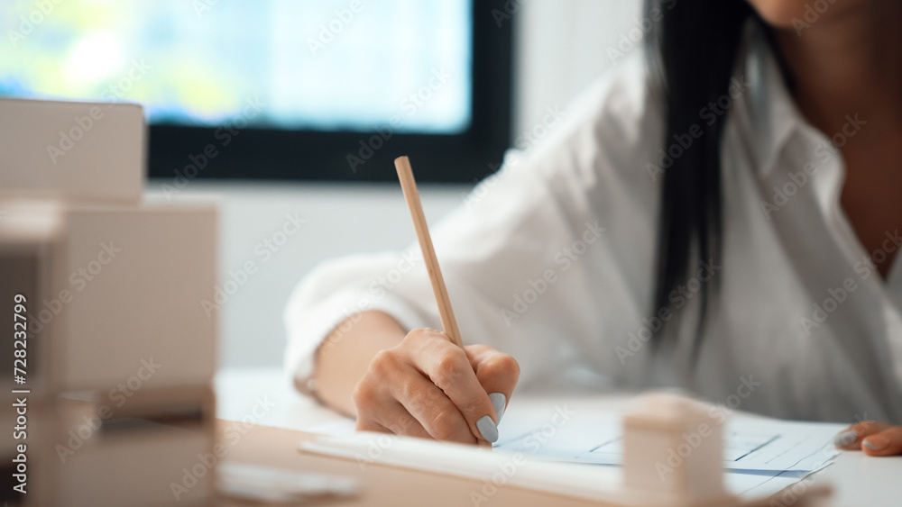 Closeup of beautiful young architect engineer hand drawing, drafting ...