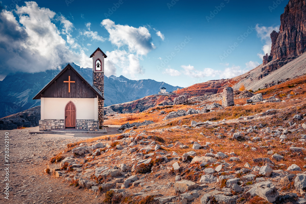 Small chapel Cappella degli Alpini on the top of Tre Cime Di Lavaredo ...