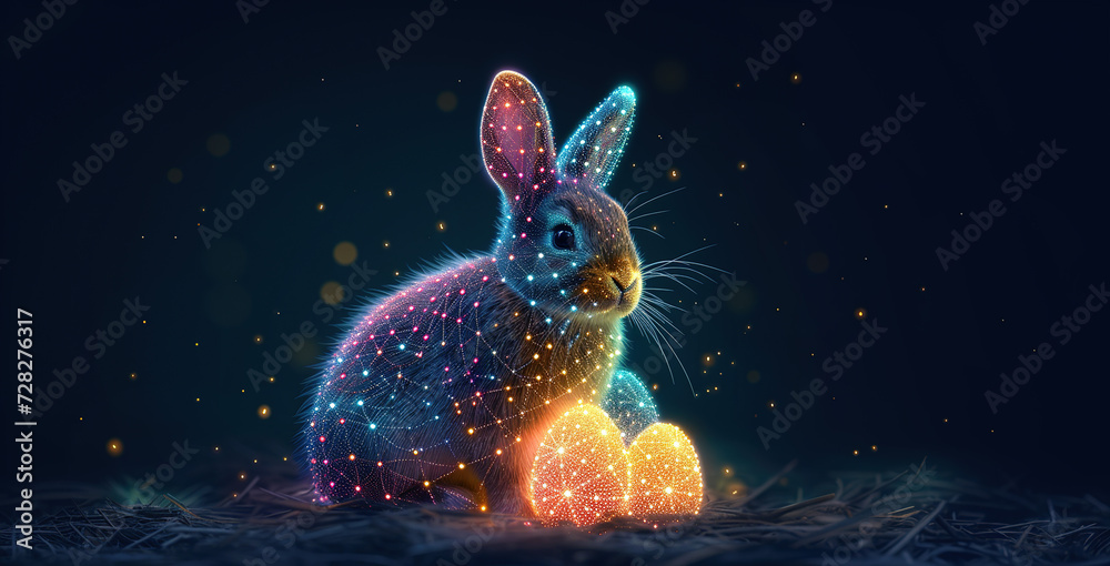 Rabbit with Easter eggs in shining neon lights and stars. Sparkling ...