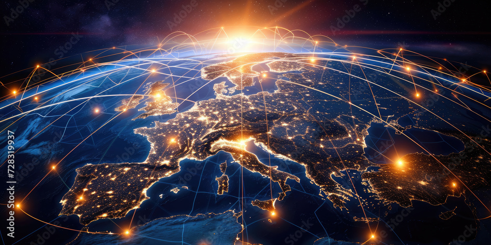 Illustration Stock Blue abstract digital map of world map with lines ...