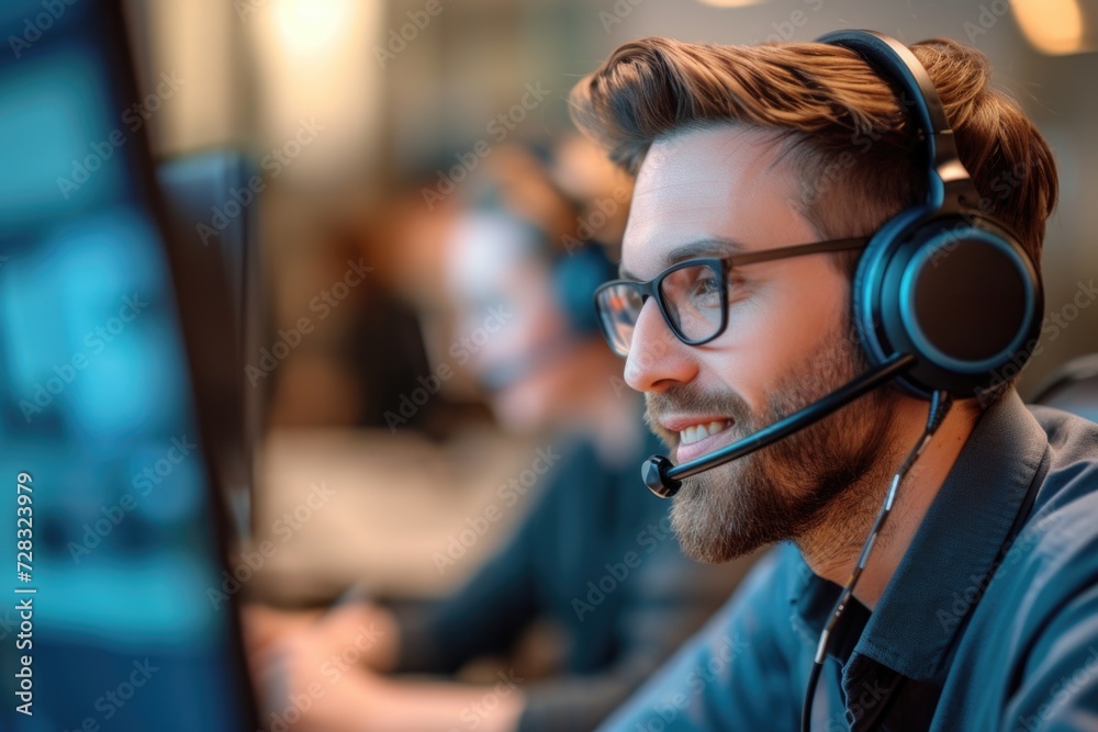 Helpline service scene: Picture of a focused man wearing headphones and ...