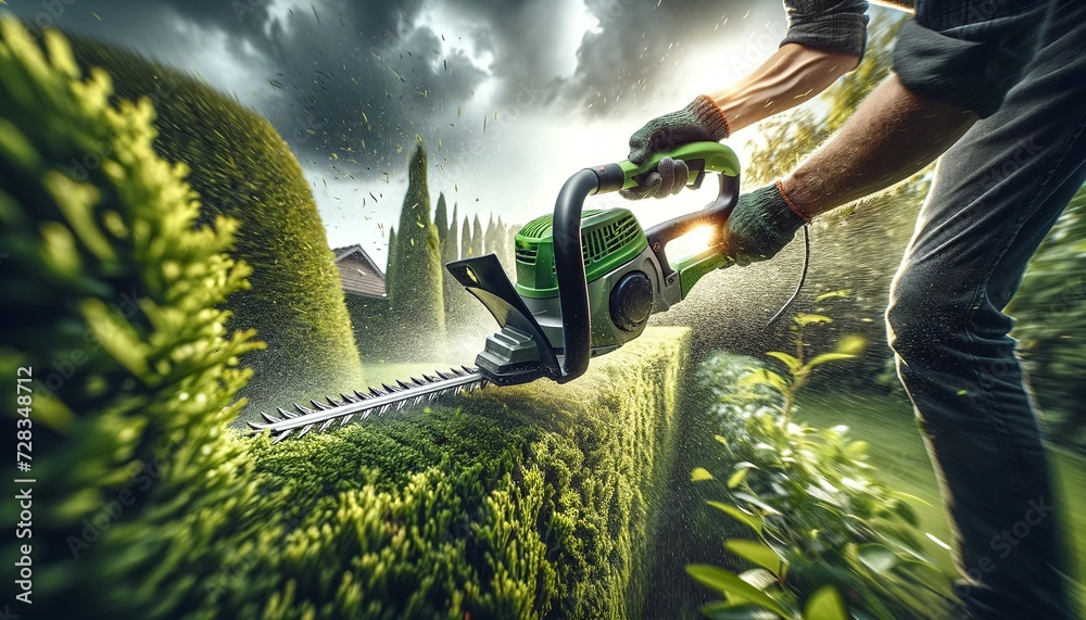 using a hedge trimmer - The buzzing blades of a hedge trimmer shape and ...
