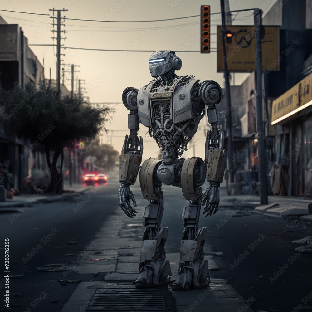 humanoid, robot, in street droid new generation development with the ...