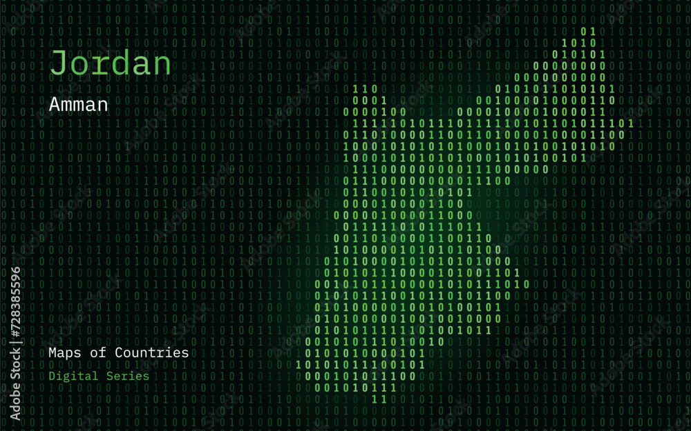 Jordan Map Shown in Binary Code Pattern. TSMC. Blue Matrix numbers, zero, one. World Countries ...