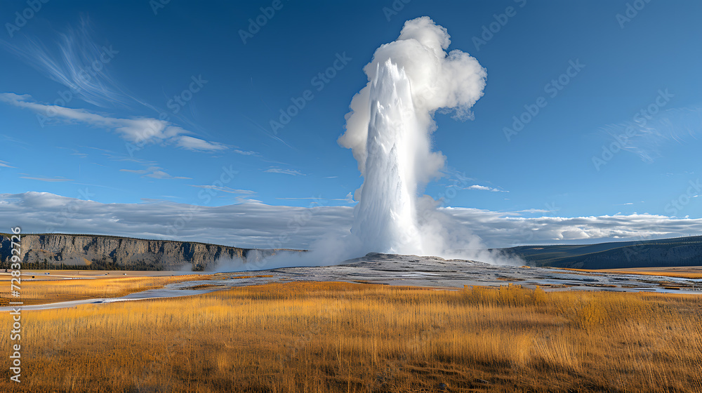 A photo of Yellowstone's Old Faithful geyser, with an expansive ...