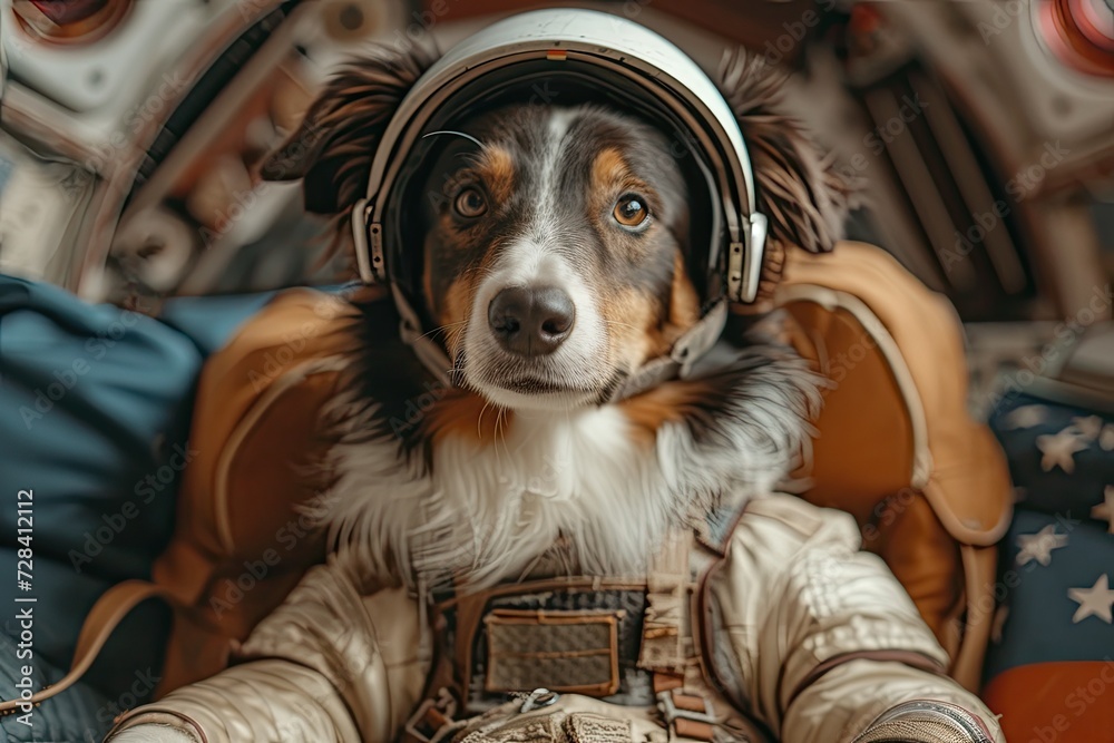 Dog in space. A pet dressed in a spacesuit and a protective helmet of ...