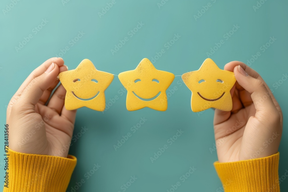 Happy customers rate golden stars, smiling emojis emoticons. Golden ...